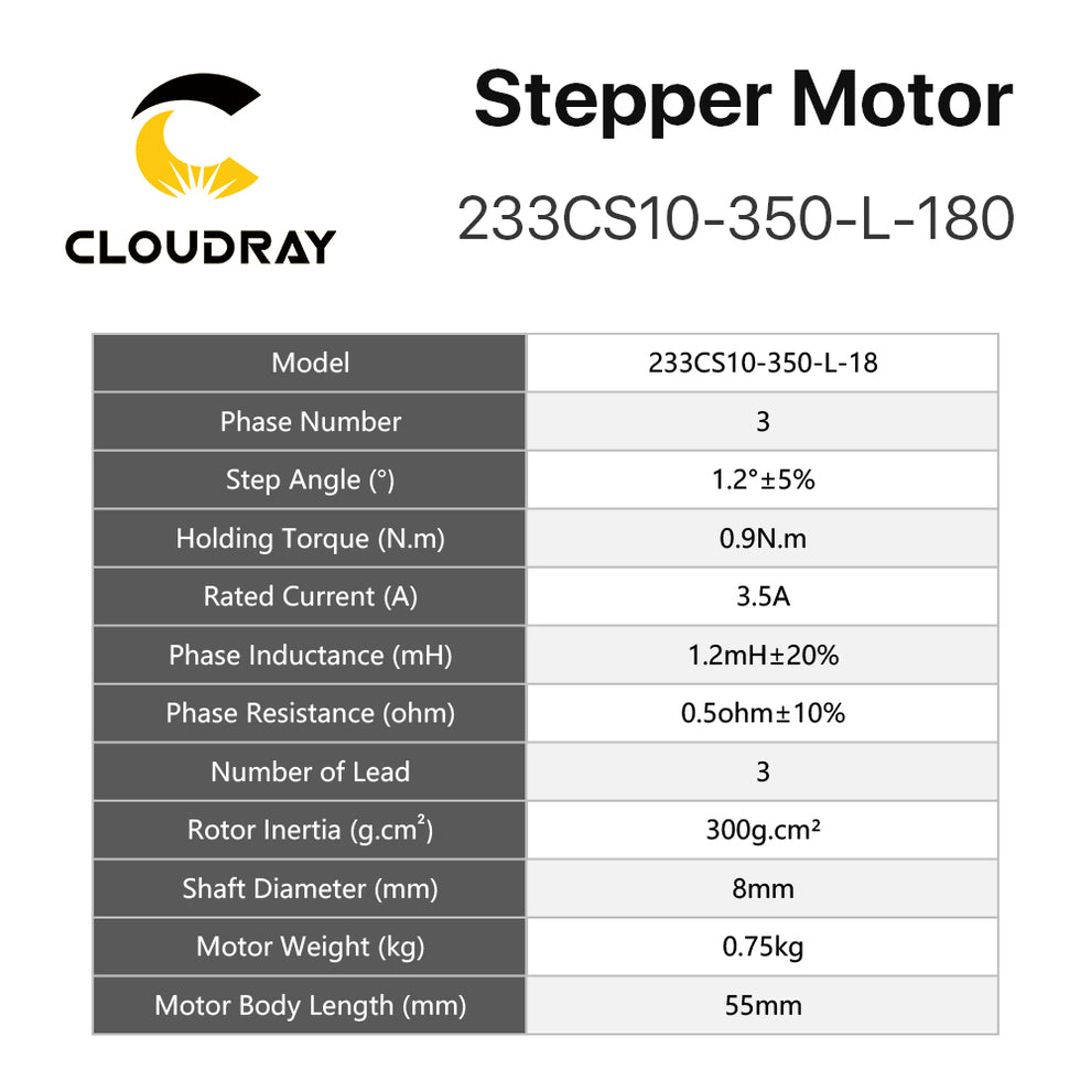 Cloudray 3 Phase Model 233CS10C-350-L-18 Stepper Motor – Cloudray Laser
